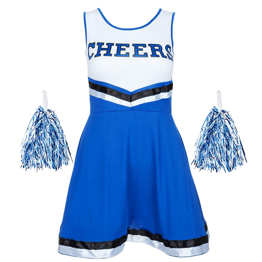 Blue Cheerleader Costume & Cheerleading Pom Poms – Redstar Fancy Dress
