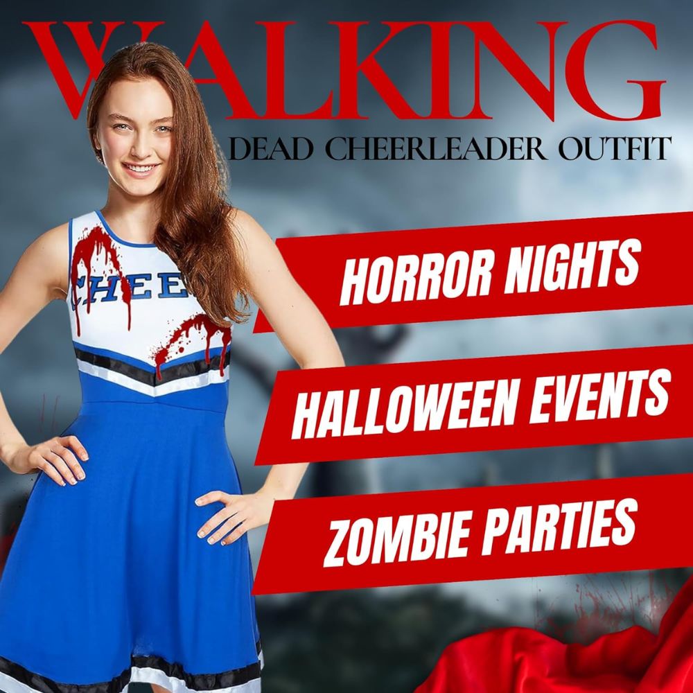 Blue Zombie Cheerleader Costume With Pom Poms & Fake Blood – Redstar ...