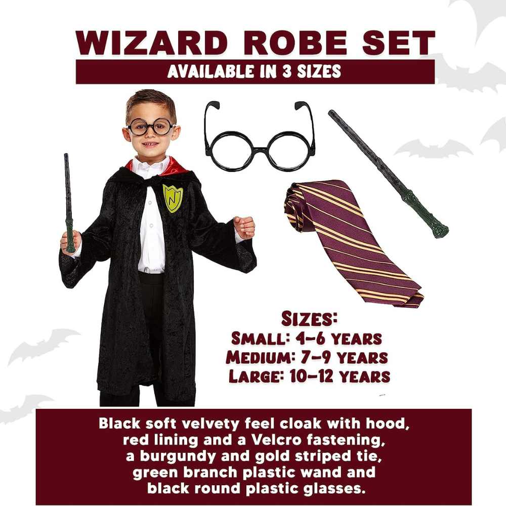 Kid's Wizard Costume Includes Hooded Black Cape, Wand, Glasses and Tie ...