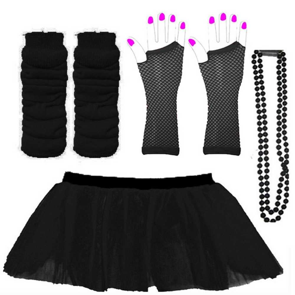 Women's Neon Tutu Skirt, Leg Warmers, Fishnet Gloves & Necklace Beads ...