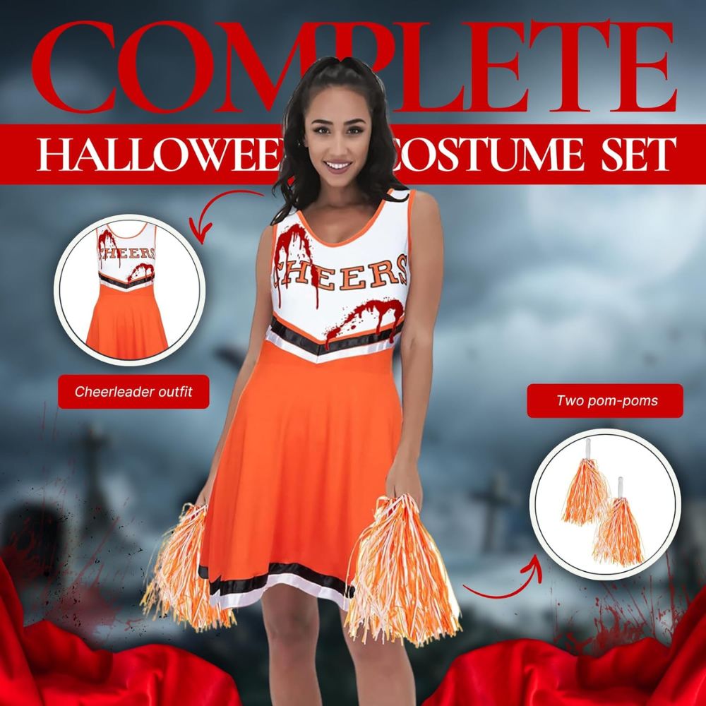 Orange Zombie Cheerleader Outfit With Pom Poms & Realistic Blood Tube ...
