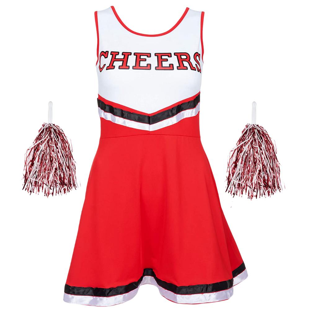 Red Cheerleader Costume & Cheerleading Pom Poms – Redstar Fancy Dress